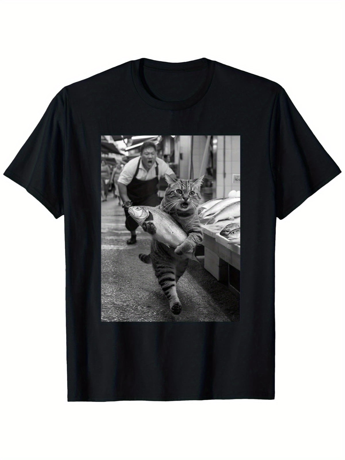 Sam Soft Cat Stealing Fish Market Black And White T-Shirt Full Size S ...