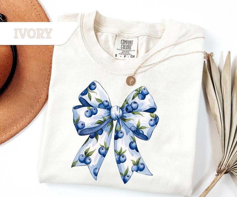 Sam Soft Coquette Bows T-Shirt, Blueberry Bow Shirt, Floral Blu Bow Tee, Ribbon Shirt, Blue ...