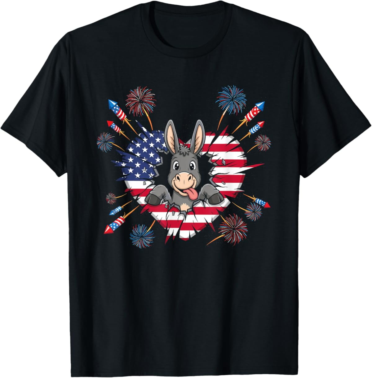 Sam Soft Donkey Fireworks Heart American Usa Flag 4Th Of July T-Shirt ...