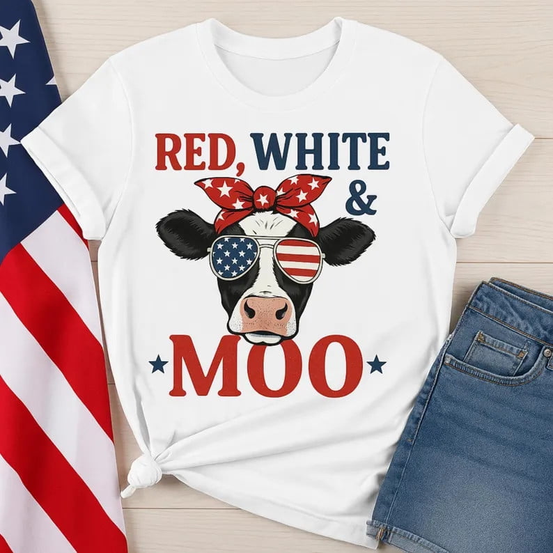 Sam Soft Red White And Moo Patriotic Cow 4th Of July Sublimation T ...