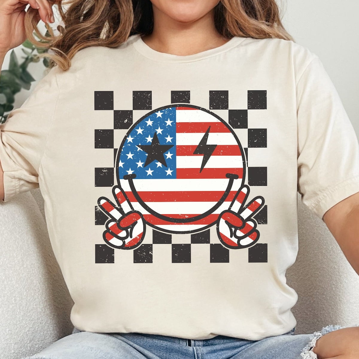 Sam Soft Retro America Smiley Face Shirt, Red White and Blue Checkered ...