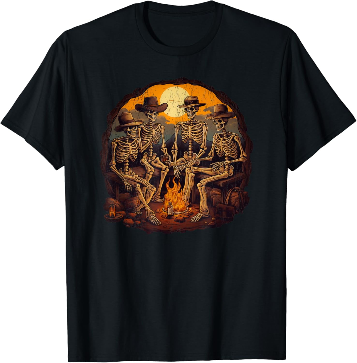 Sam Soft Wrangler Skeletons Sitting On The Fire Retro Distress T-Shirt ...