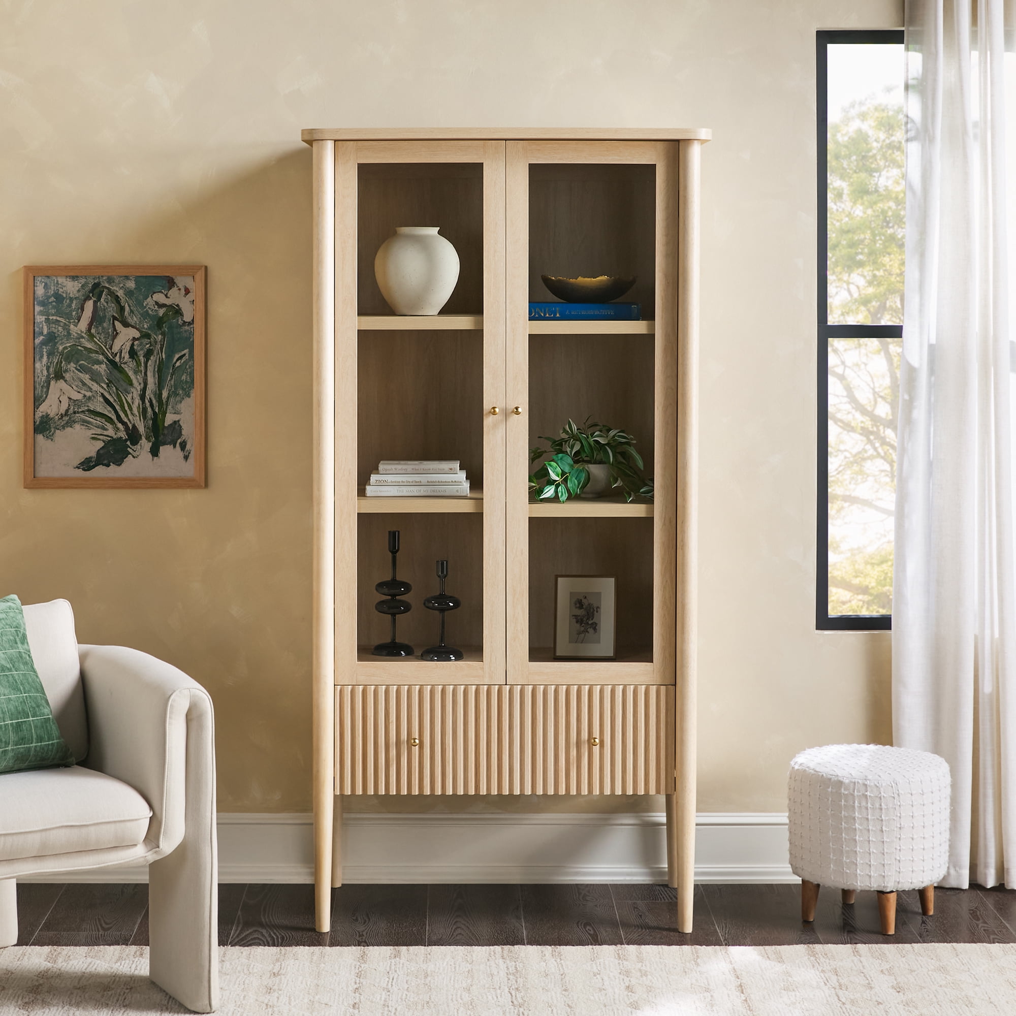 Samantha Modern Fluted Glass Bookshelf Cabinet, Coastal Oak - Walmart.com