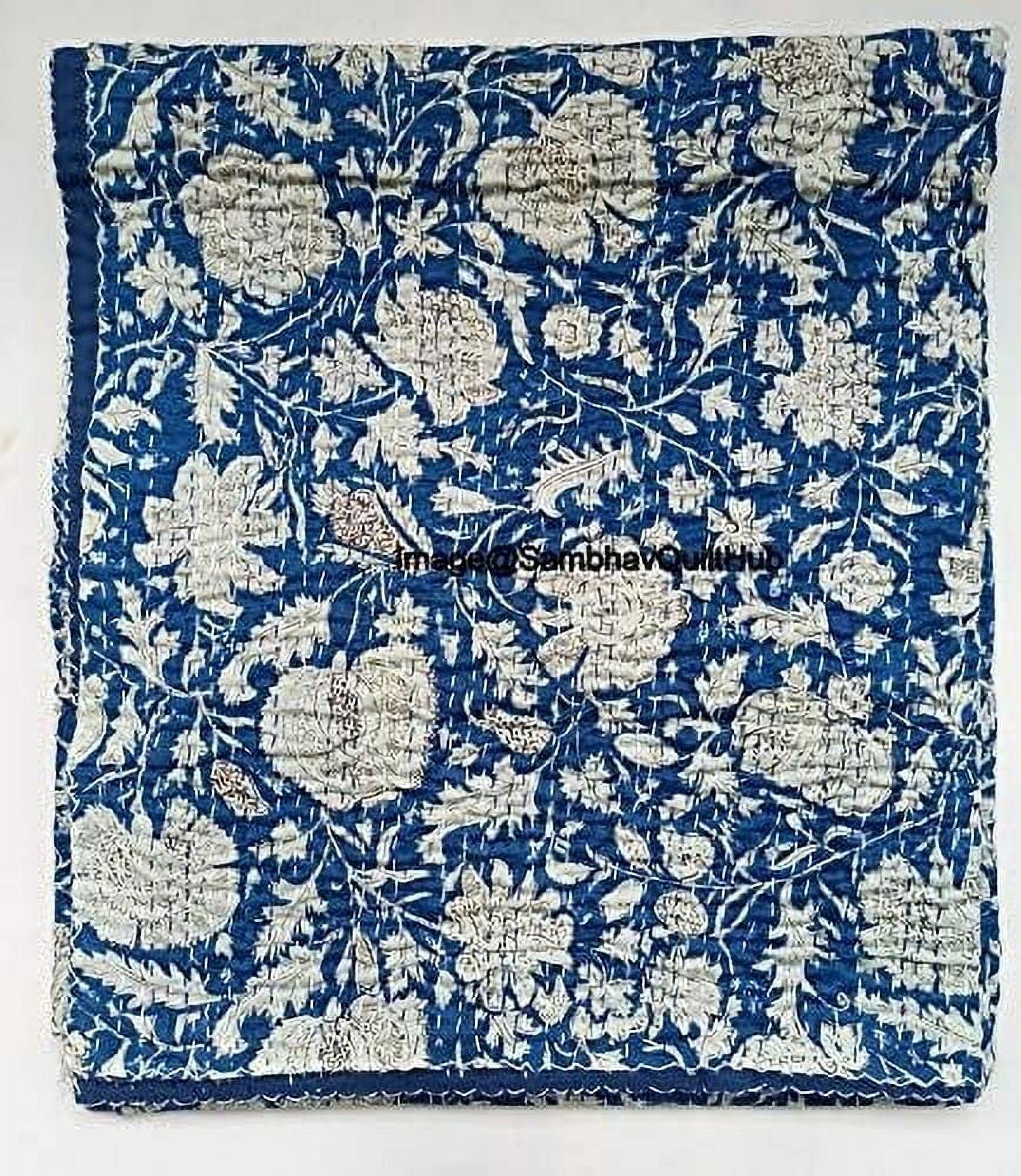 Sambhav Quilt Hub Indian Blue Floral Cotton Hand Patchwork Quilt, Throw ...