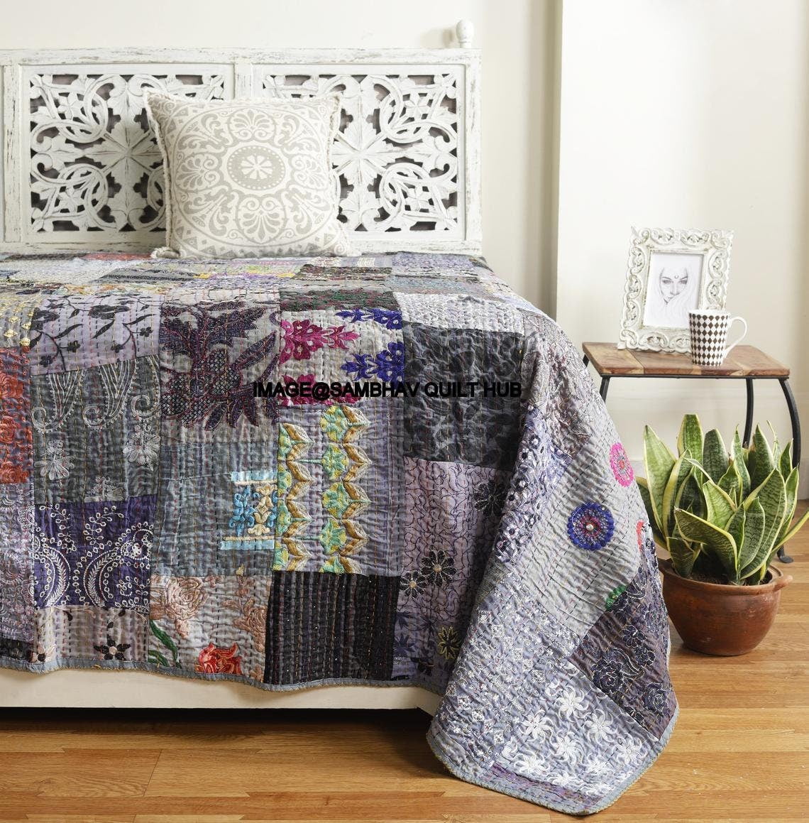 Sambhav Quilt Hub Khambhadiya Kantha Gray Cotton Embroidery Patchwork Quilt, King - Walmart.com