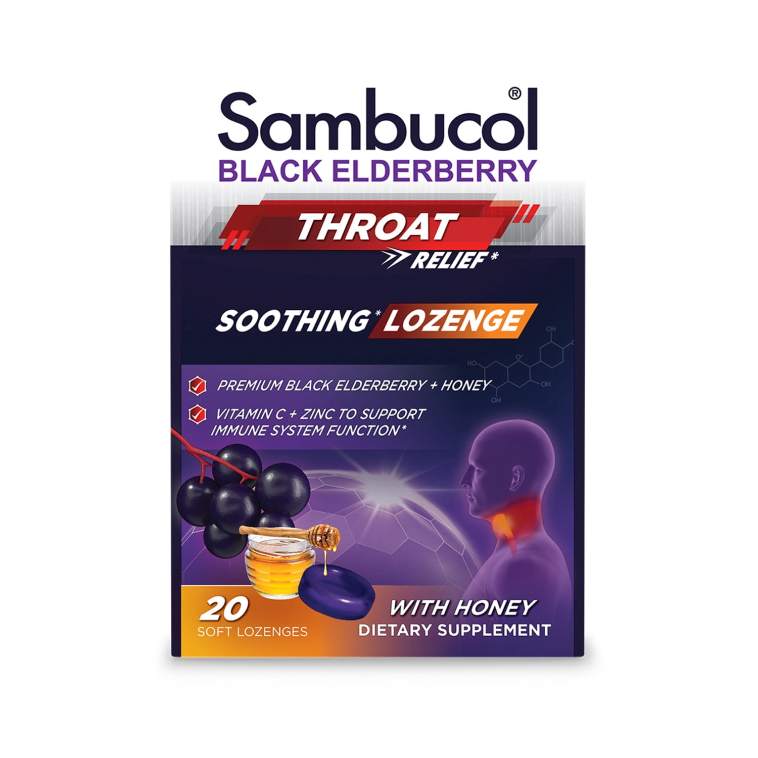Sambucol Black Elderberry Throat Lozenges, 20 Ct, Vitamin C Zinc Honey ...