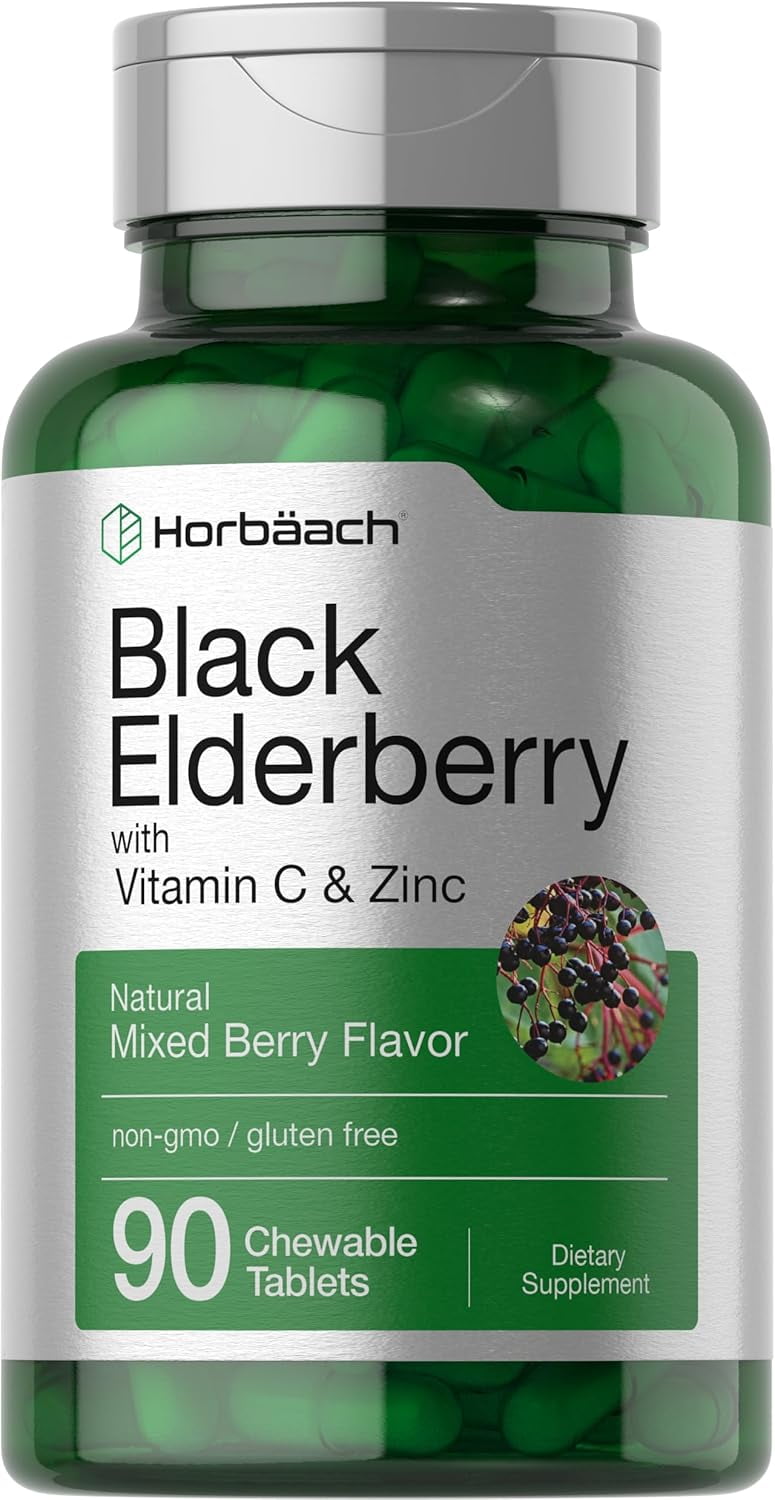 Horbaach Sambucus Elderberry Chewable Tablets, Vitamin C and Zinc, 90 ...