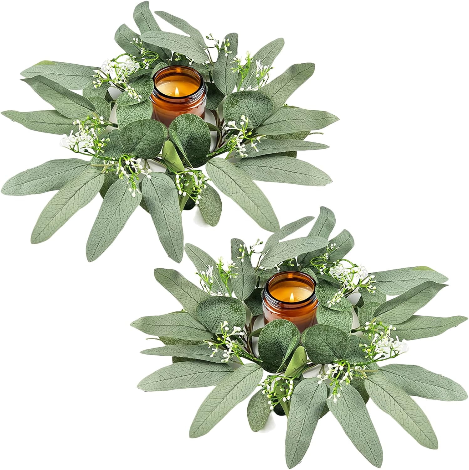 Samhe 2Pcs Candle Rings, Artificial Eucalyptus Leaves Candle Wreaths ...