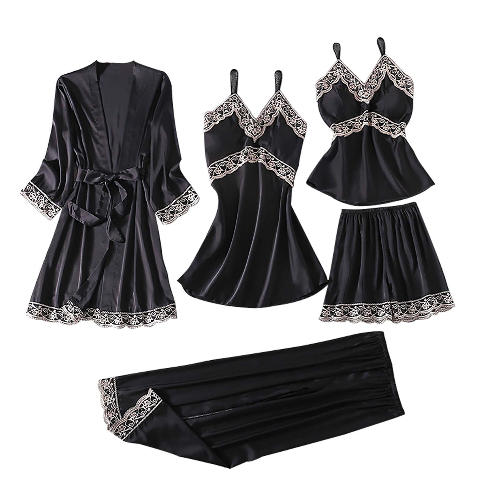 Samickarr 5 Piece Pajama Set For Women Lace Silk Satin Skirt Nightgown ...