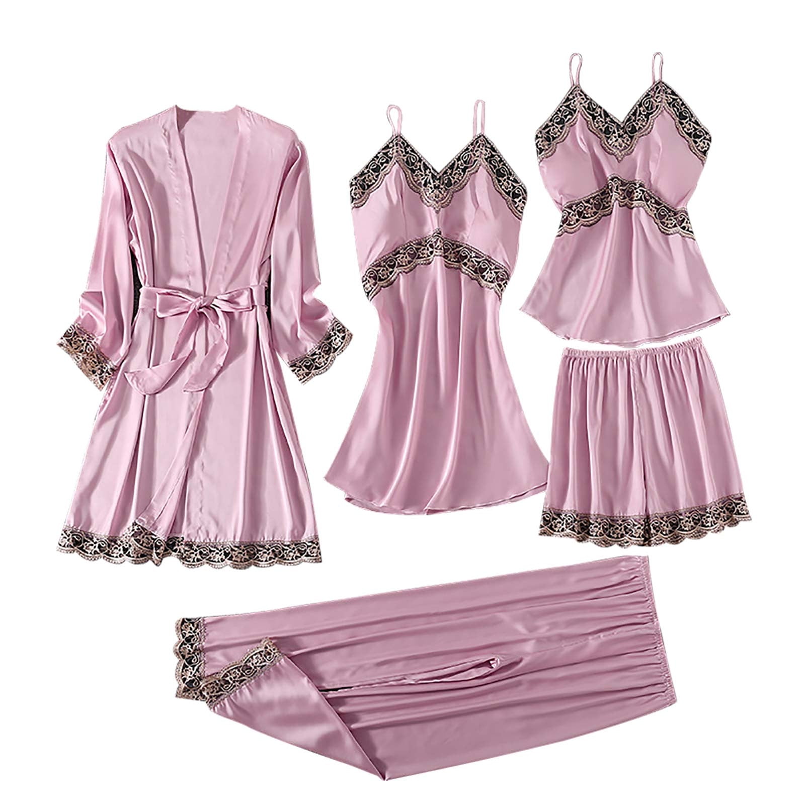 Samickarr 5 Piece Pajama Set For Women Lace Silk Satin Skirt Nightgown ...
