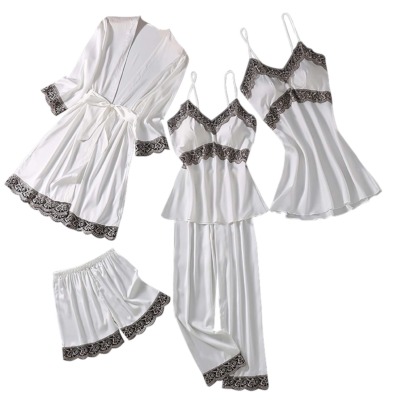 Samickarr 5 Piece Pajama Set For Women Lace Silk Satin Skirt Nightgown ...
