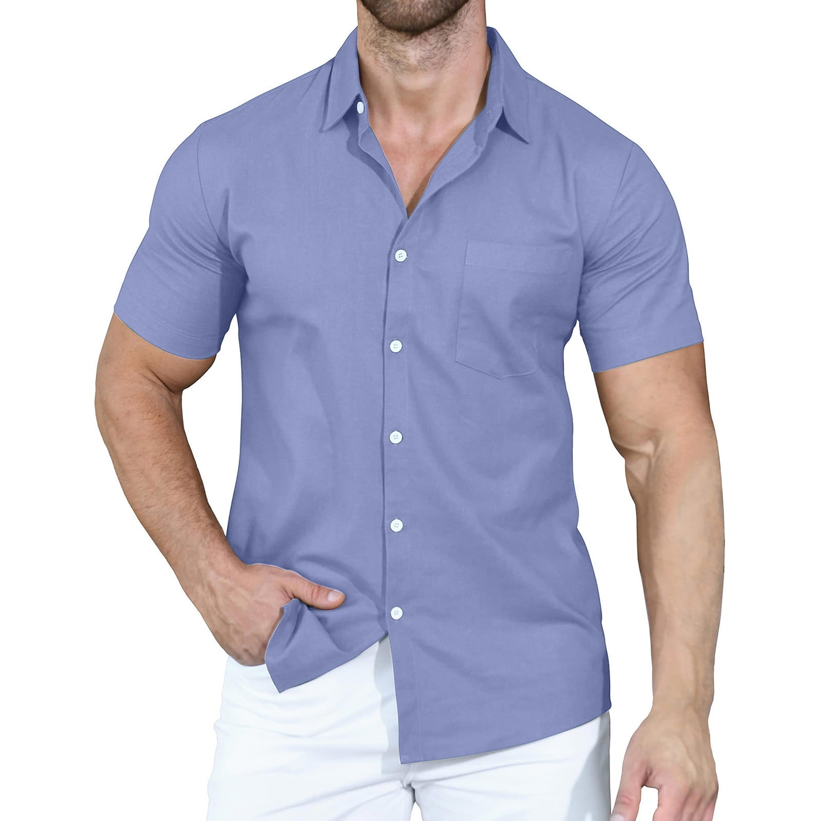 Samickarr Mens Dress Shirts Short Sleeve Wrinkle-Free Solid Color Turndown Casual Button Down ...