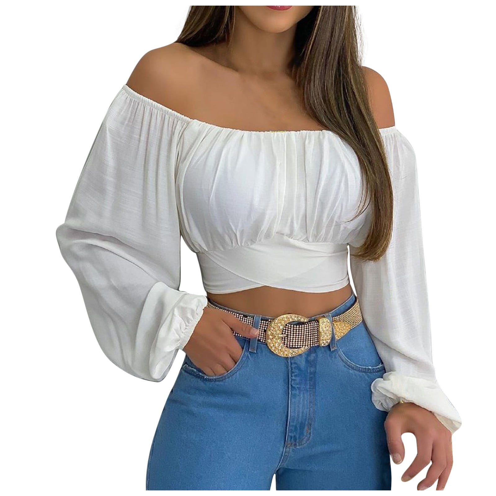 Samickarr Woman'S Strapless Long Sleevesolid Color Off Shoulder Ruched ...