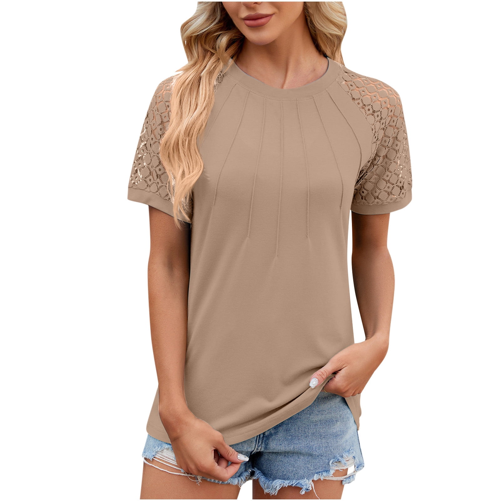 Samickarr Womens Tops!Women's Solid Round Neck Short Sleeved Lace Top ...