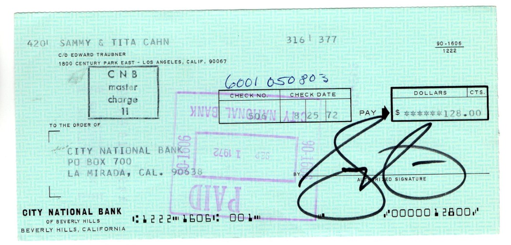 Sammy Cahn Signed Autographed Bank Check Songwriter Legend 1972 JSA ...