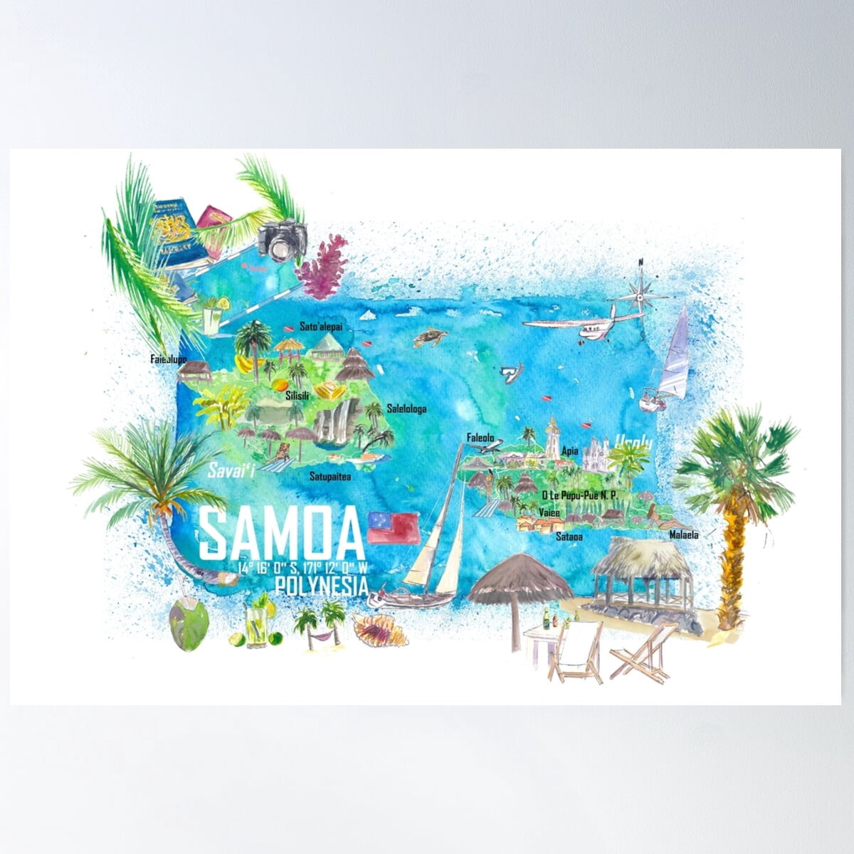 Samoa Illustrated Island Travel Map With Roads And Highlights Poster ...