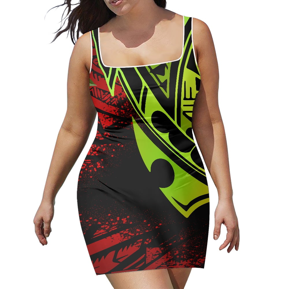 Samoa Tribe Hibiscus Pattern Design Printing Dress Summer Women Short ...