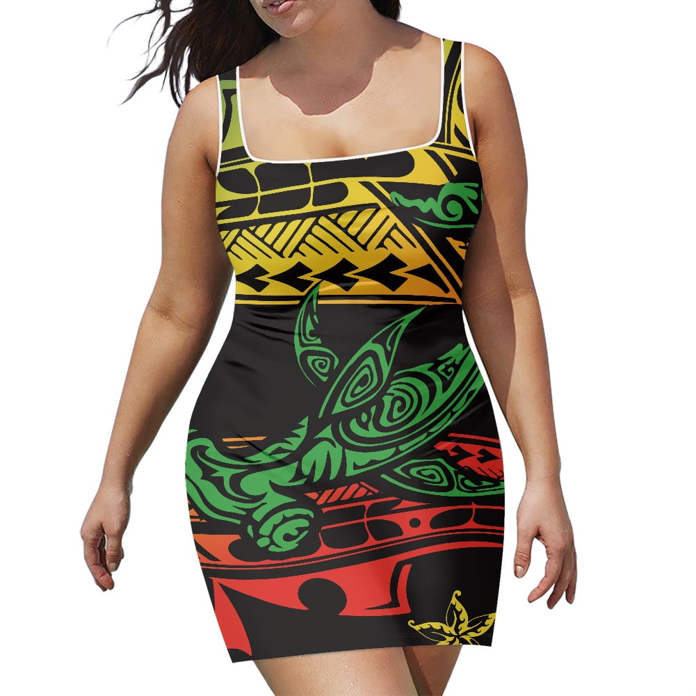 Samoa Tribe Hibiscus Pattern Design Printing Dress Summer Women Short ...