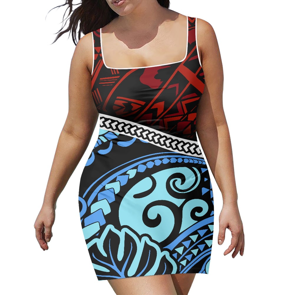 Samoa Tribe Hibiscus Pattern Design Printing Dress Summer Women Short ...