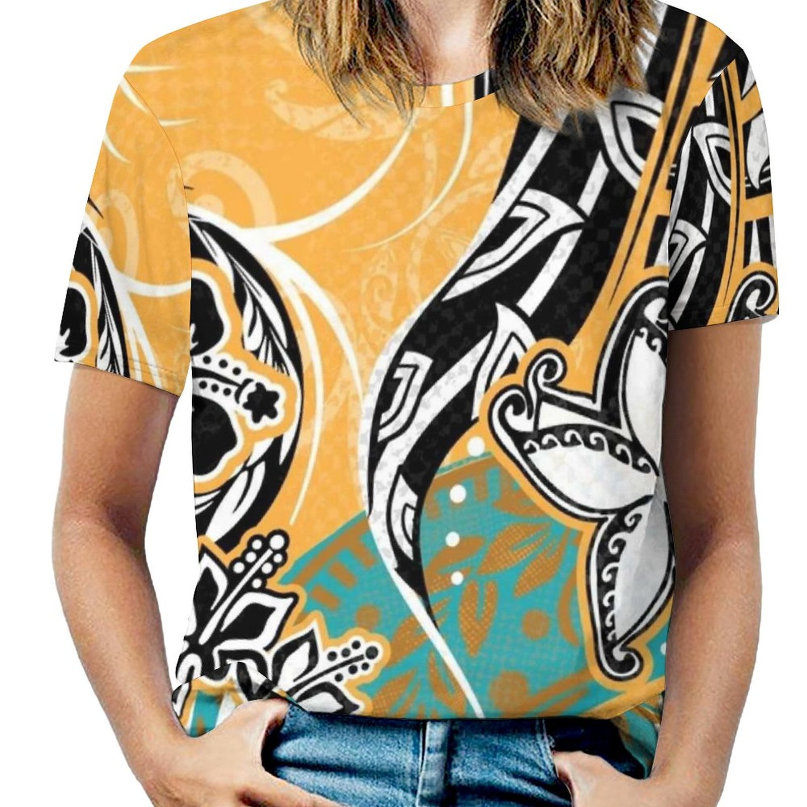 Samoan Floral Tapa Print New Fashion Zip Off Shoulder Top Short-Sleeve ...