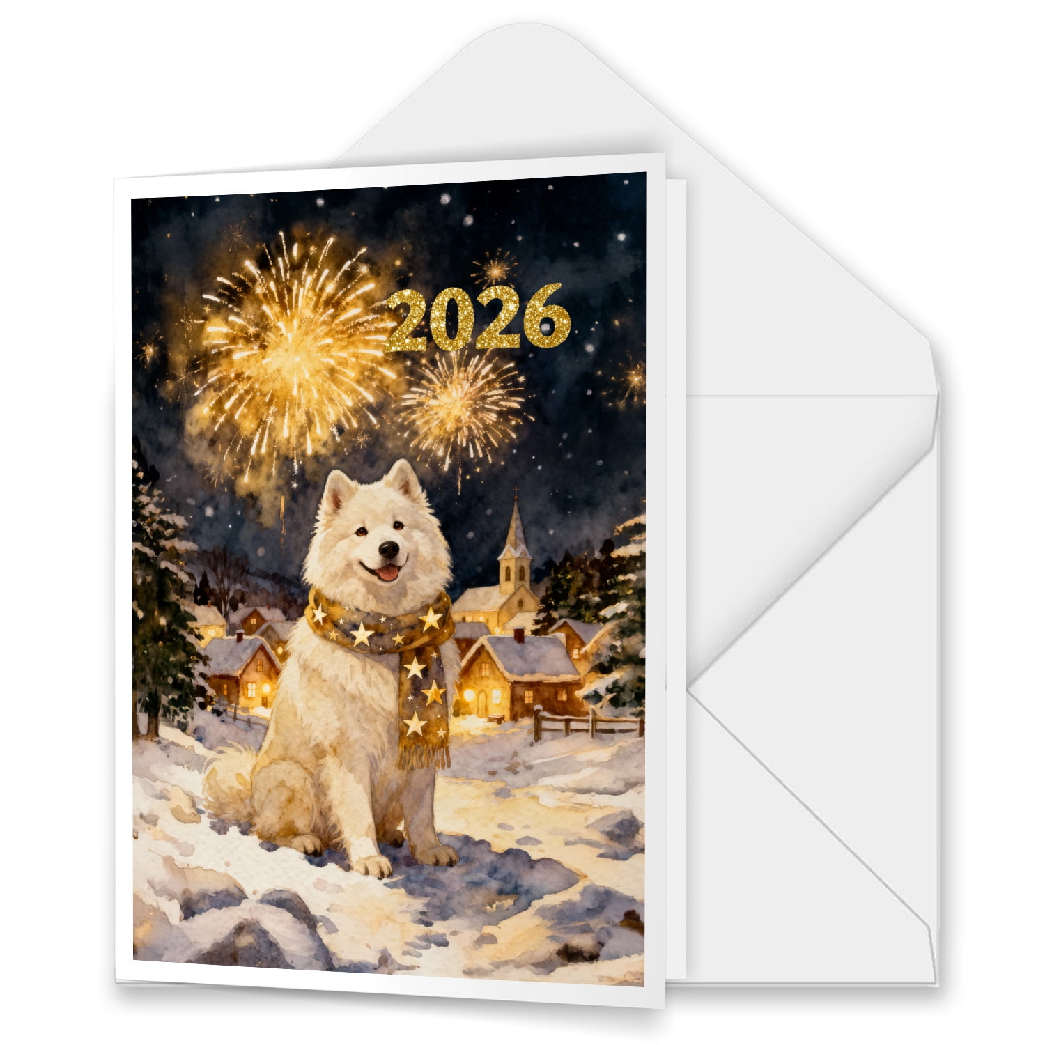 Samoyed Happy New Year 2026 with Fireworks on New Year's Eve 5x7in ...