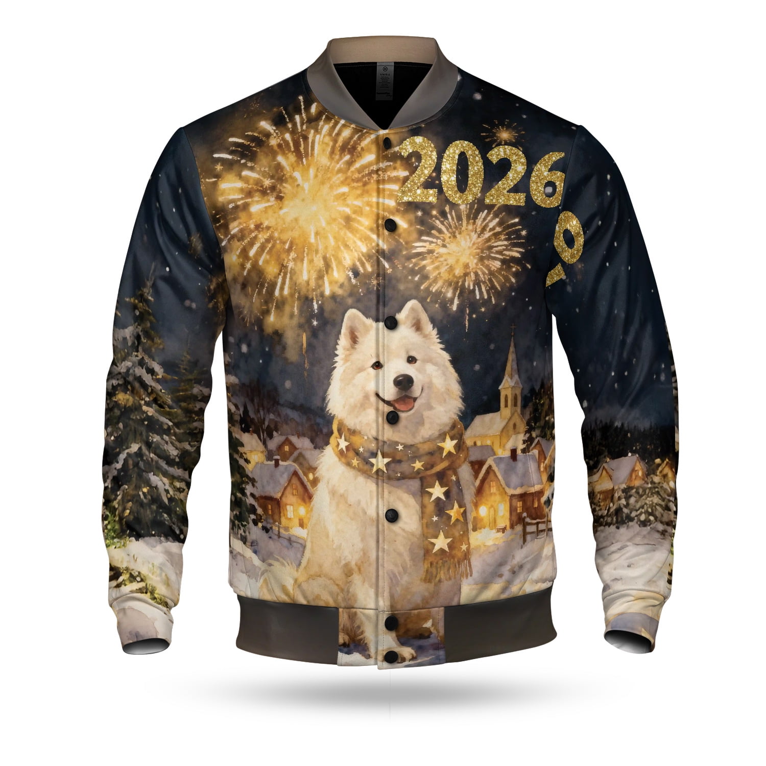 Samoyed Happy New Year 2026 with Fireworks on New Year's Eve All Over ...