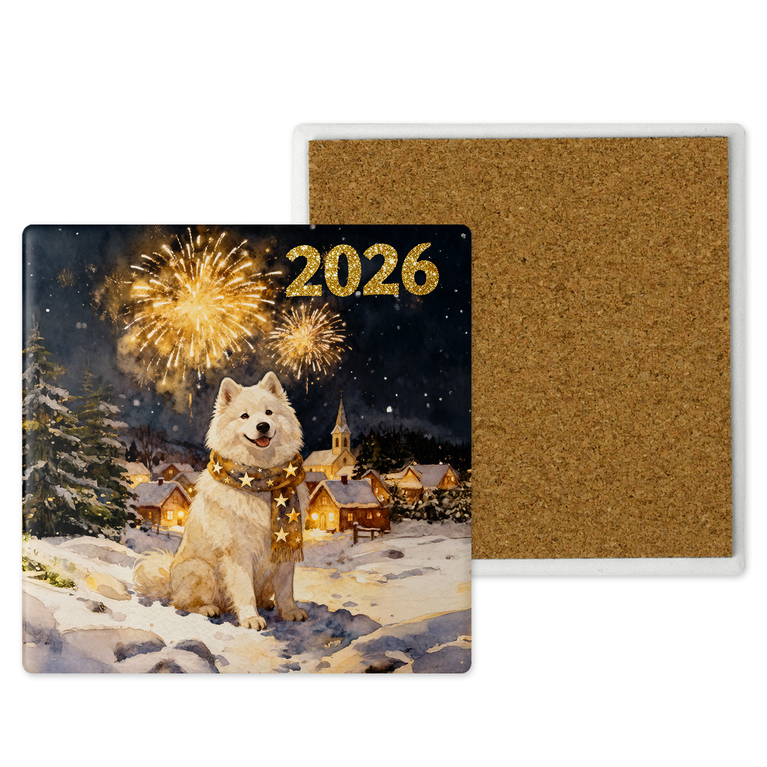 Samoyed Happy New Year 2026 with Fireworks on New Year's Eve Set of 4 ...