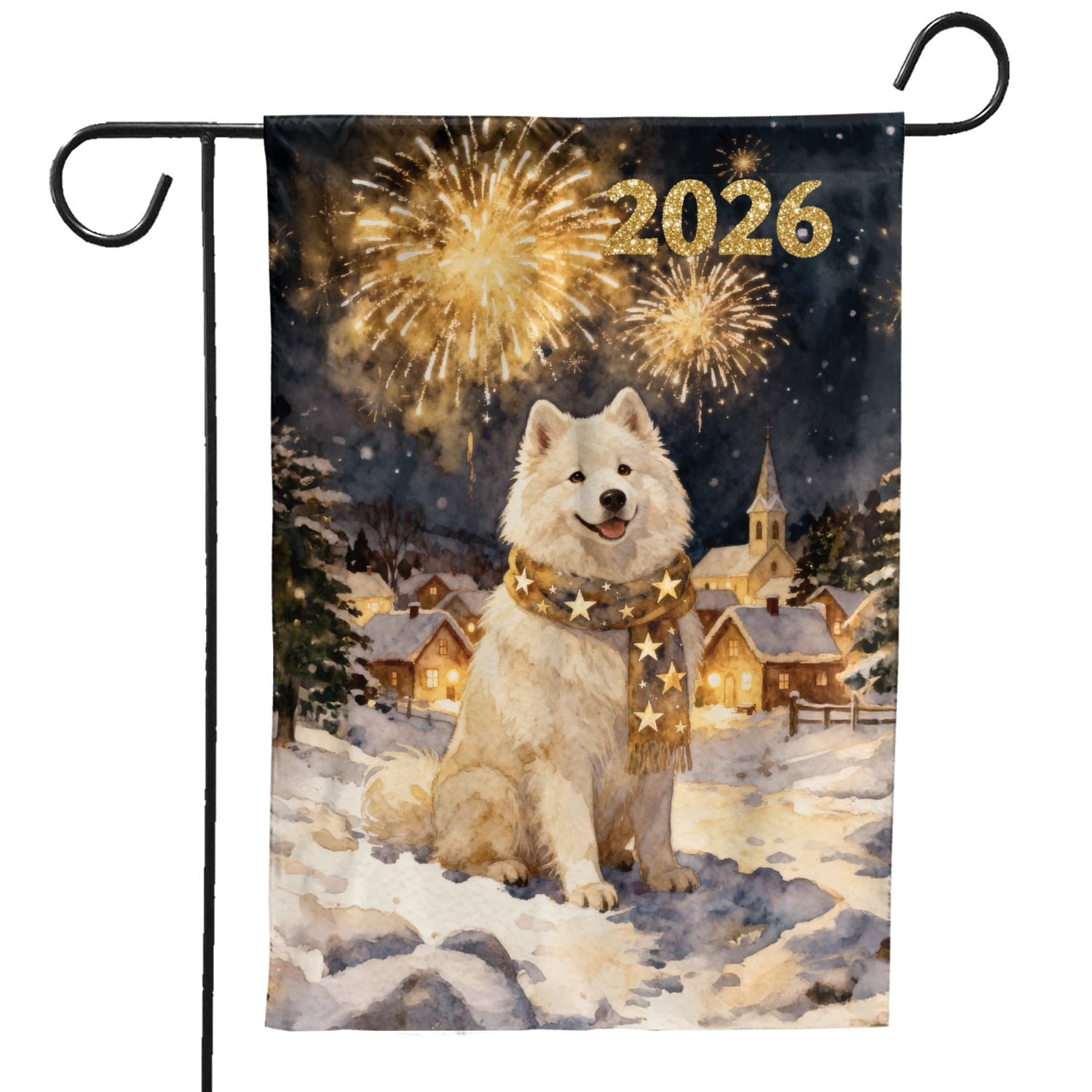 Samoyed Happy New Year 2026 with Fireworks on New Year's Eve Garden ...
