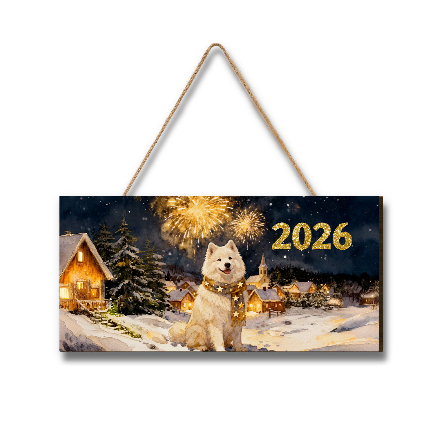 Samoyed Happy New Year 2026 with Fireworks on New Year's Eve Landscape ...
