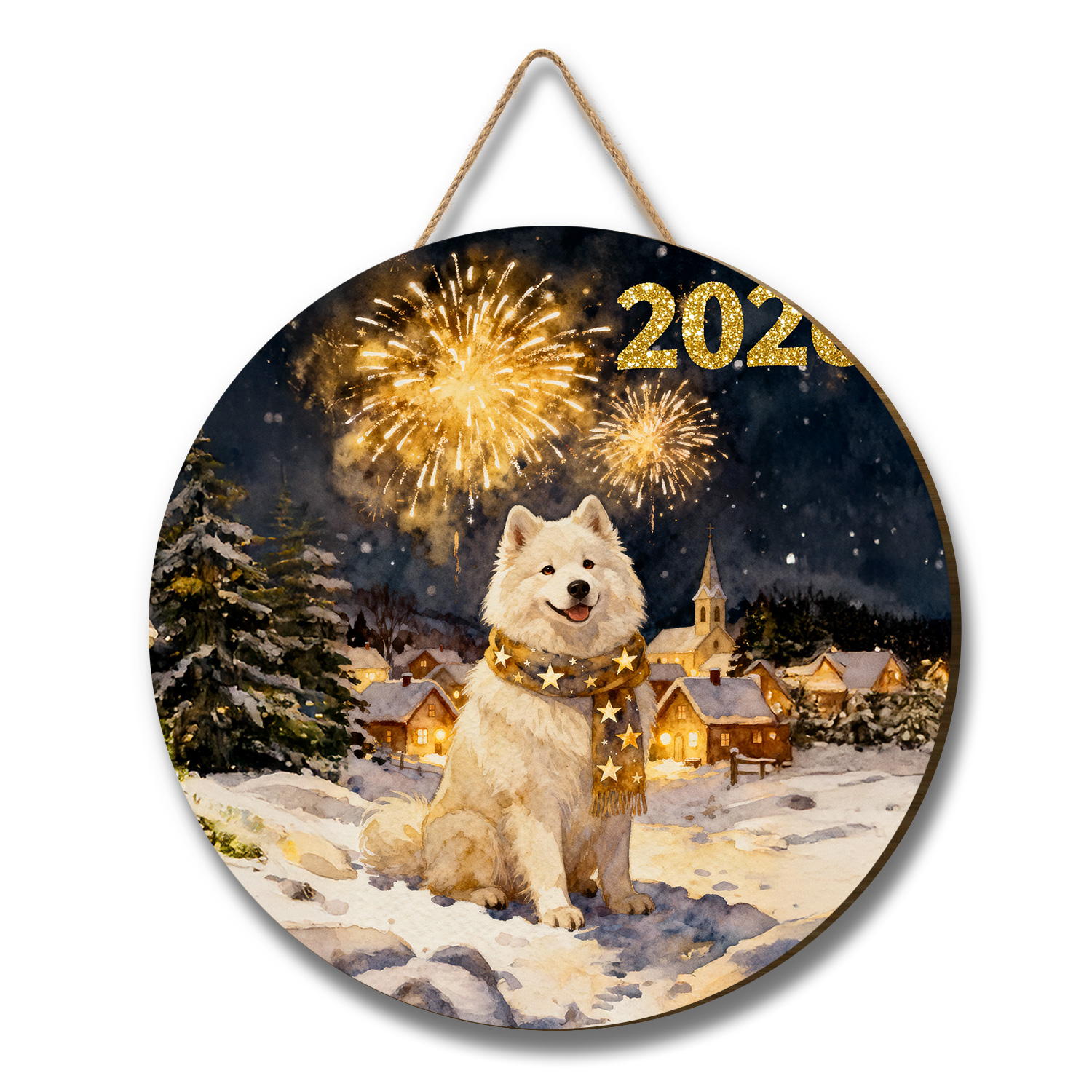Samoyed Happy New Year 2026 with Fireworks on New Year's Eve Round Wood ...