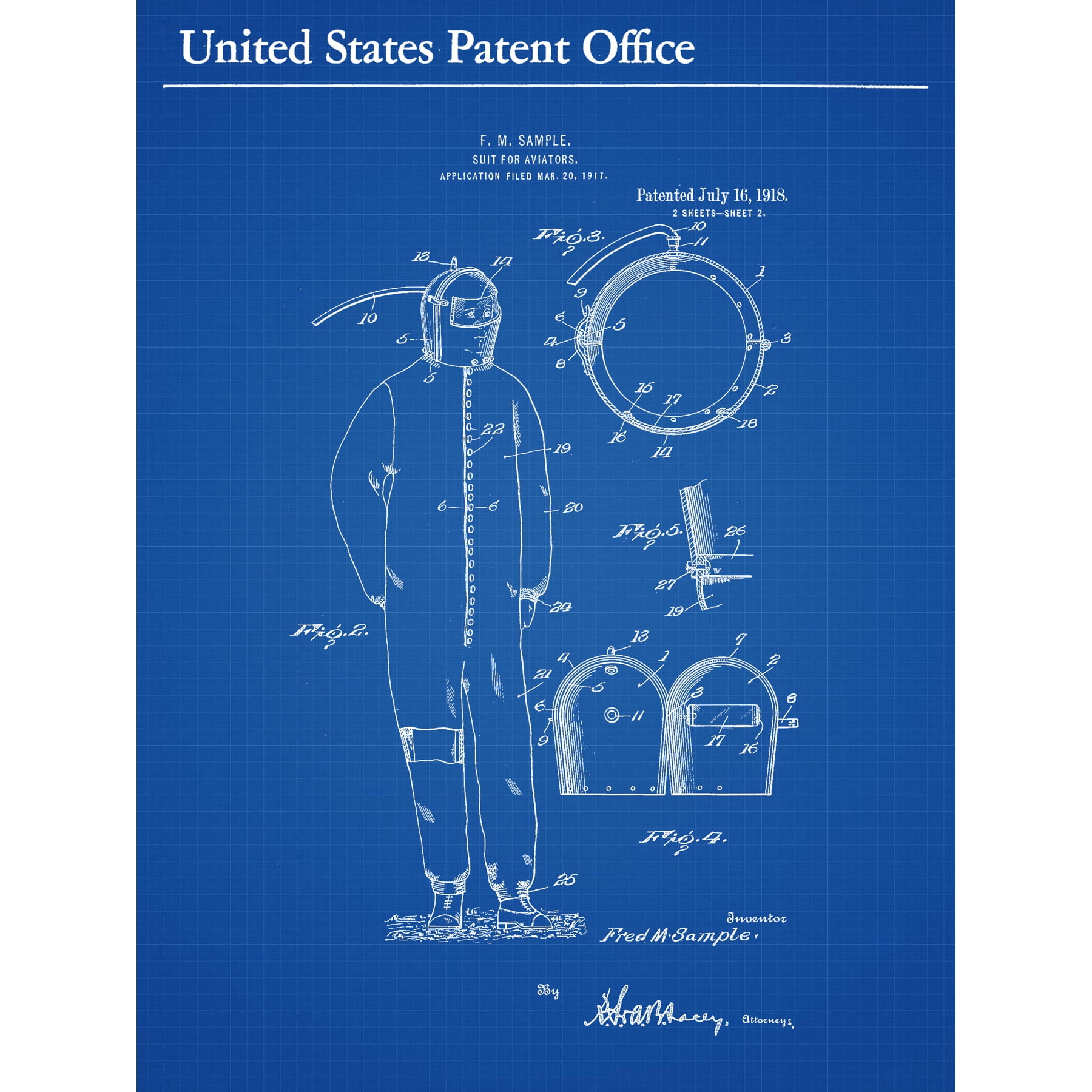 Sample Aviator Suit Flight 1918 Patent Plan Extra Large XL Wall Art ...
