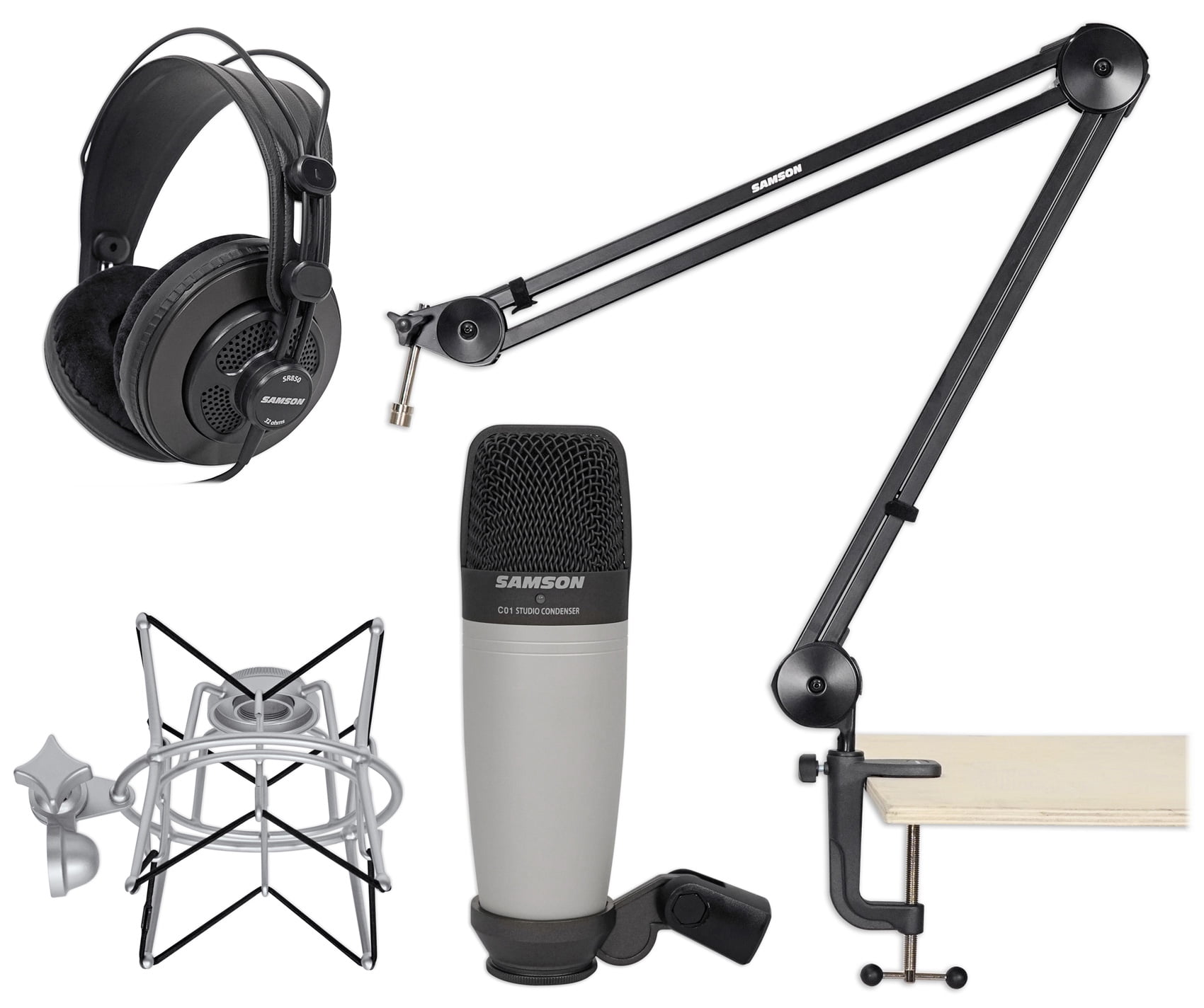 Samson C01 Condenser Recording Mic+Boom Arm+Desk Clamp+Shock Mount ...