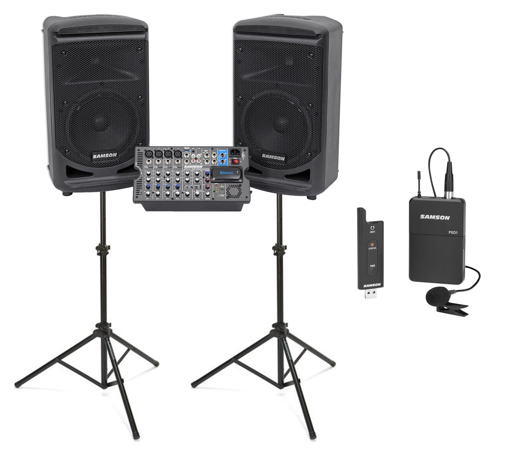Samson Expedition XP800 800 Watt 8" PA DJ Speakers+Mixer+Lavalier Mic ...