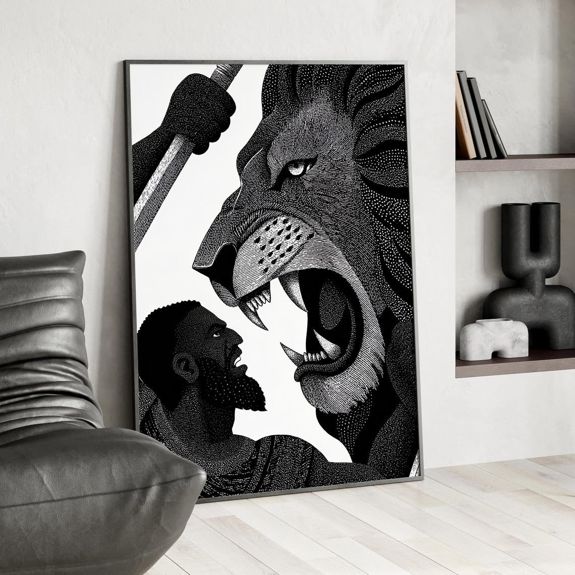 Samson Lion Pointillism Drawing Fighting Art Black White Biblical ...