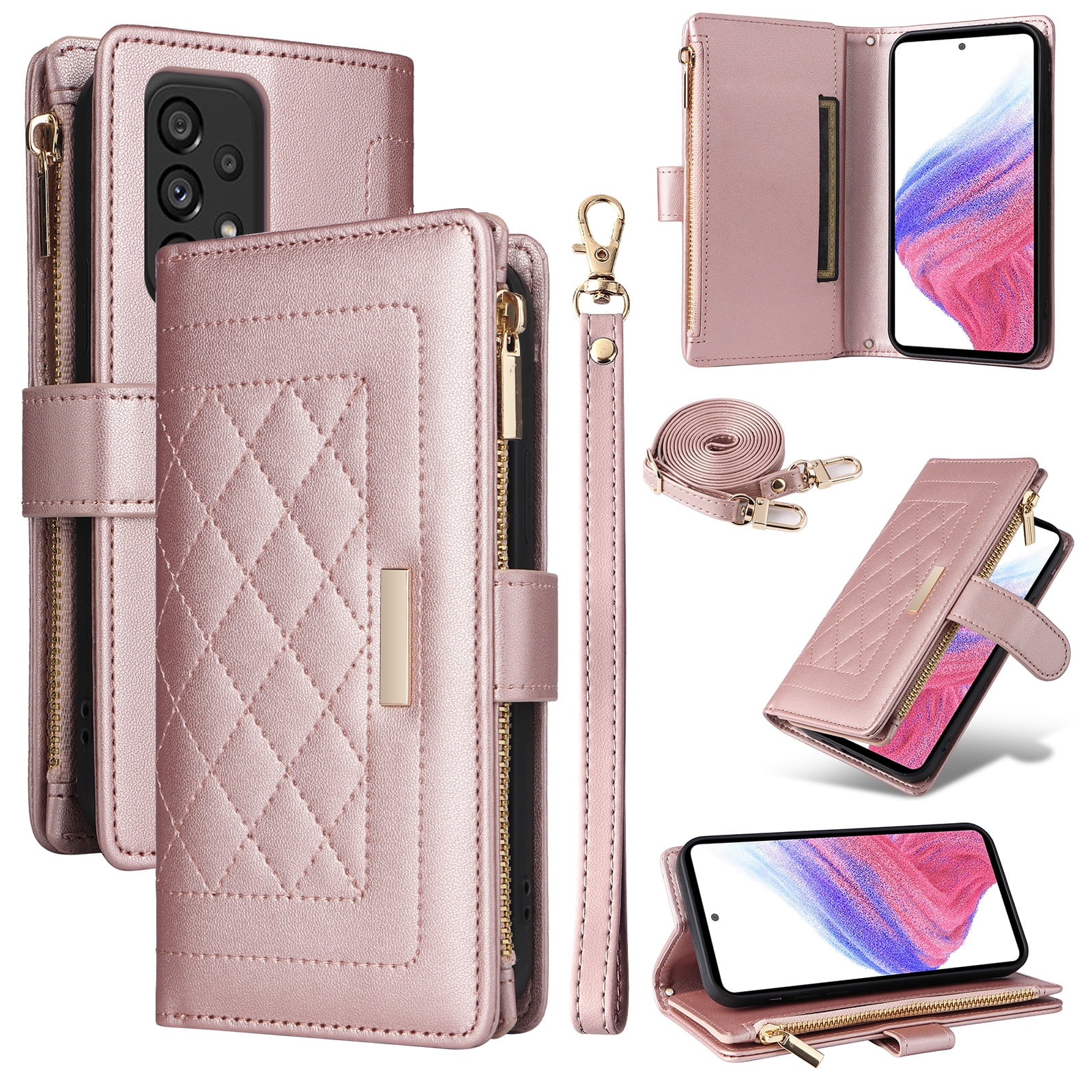 for Samsung Galaxy A13 4G Zipper Pocket Wallet Magnetic Closure Cover Crossbody + Wrist Strap ...