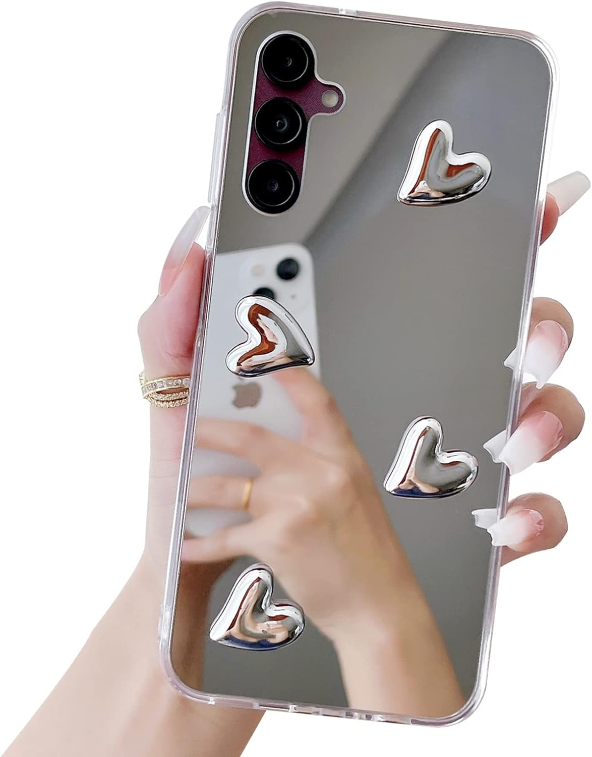 Samsung Galaxy A14 5G Case Silver Mirror Cute Heart Clear Bumper Slim ...