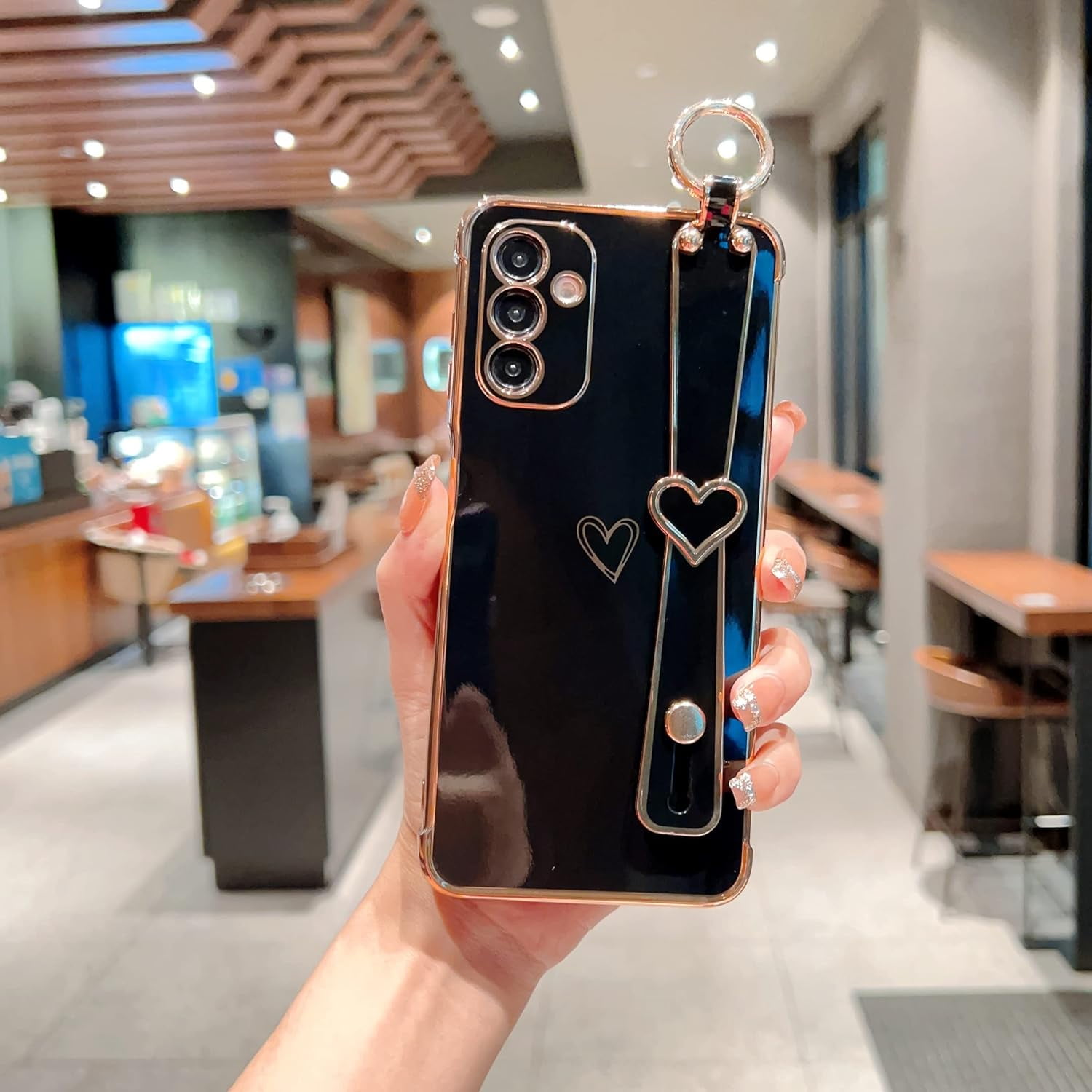 Samsung Galaxy A15 5G Case with Wrist Strap,Luxury Cute Plating Edge Love Hearts Pattern for ...