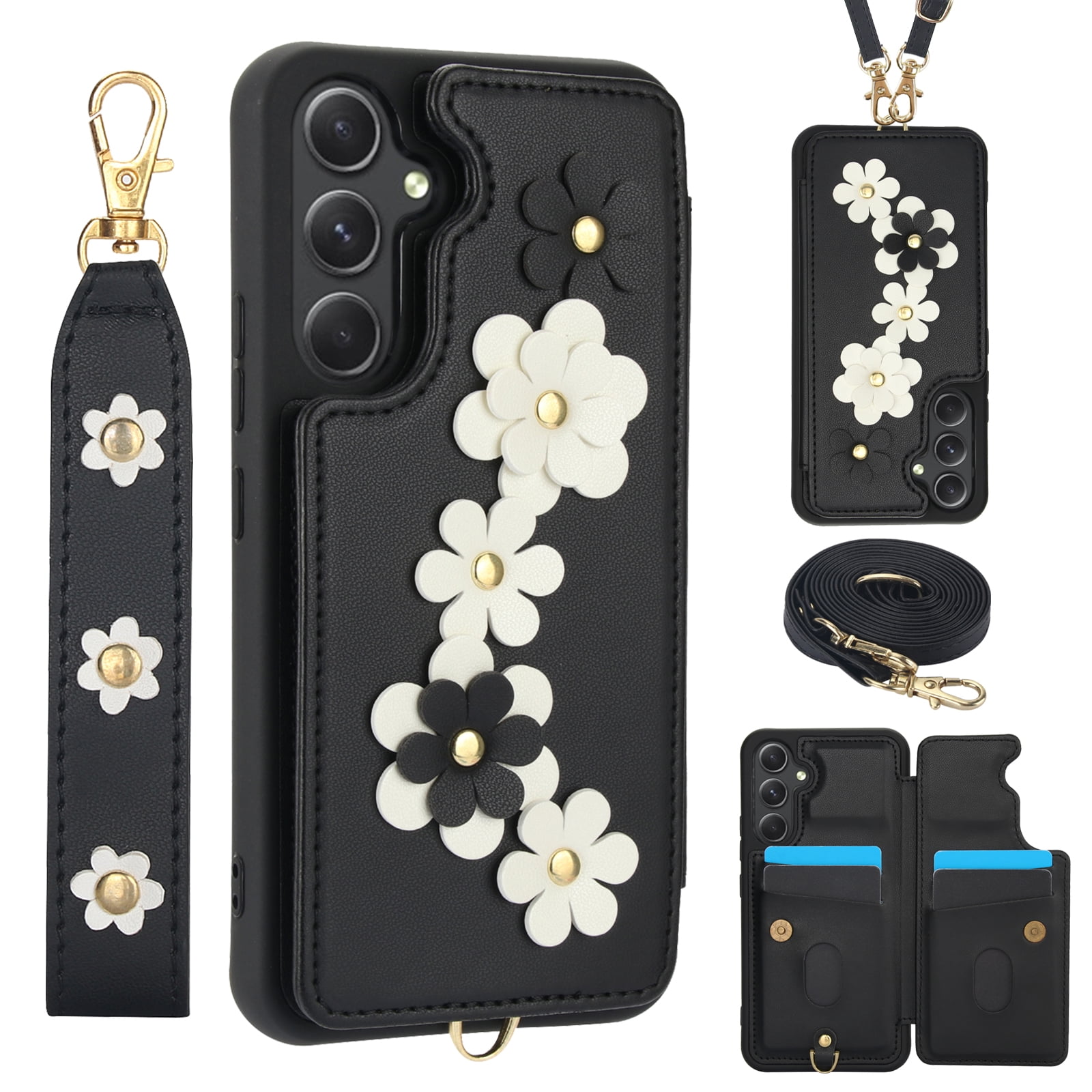 for Samsung Galaxy A15 Crossbody Wallet Case, Women Flip Cover Flower ...