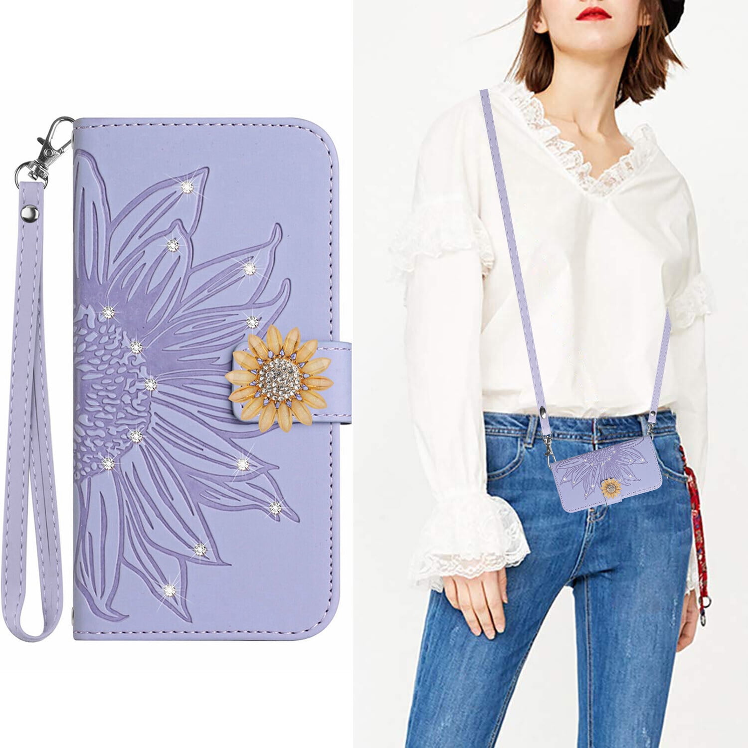 Samsung Galaxy A20/A30 Case ,Sunflower Leather Adjustable Wallet Cover Crossbody Lanyard Neck ...