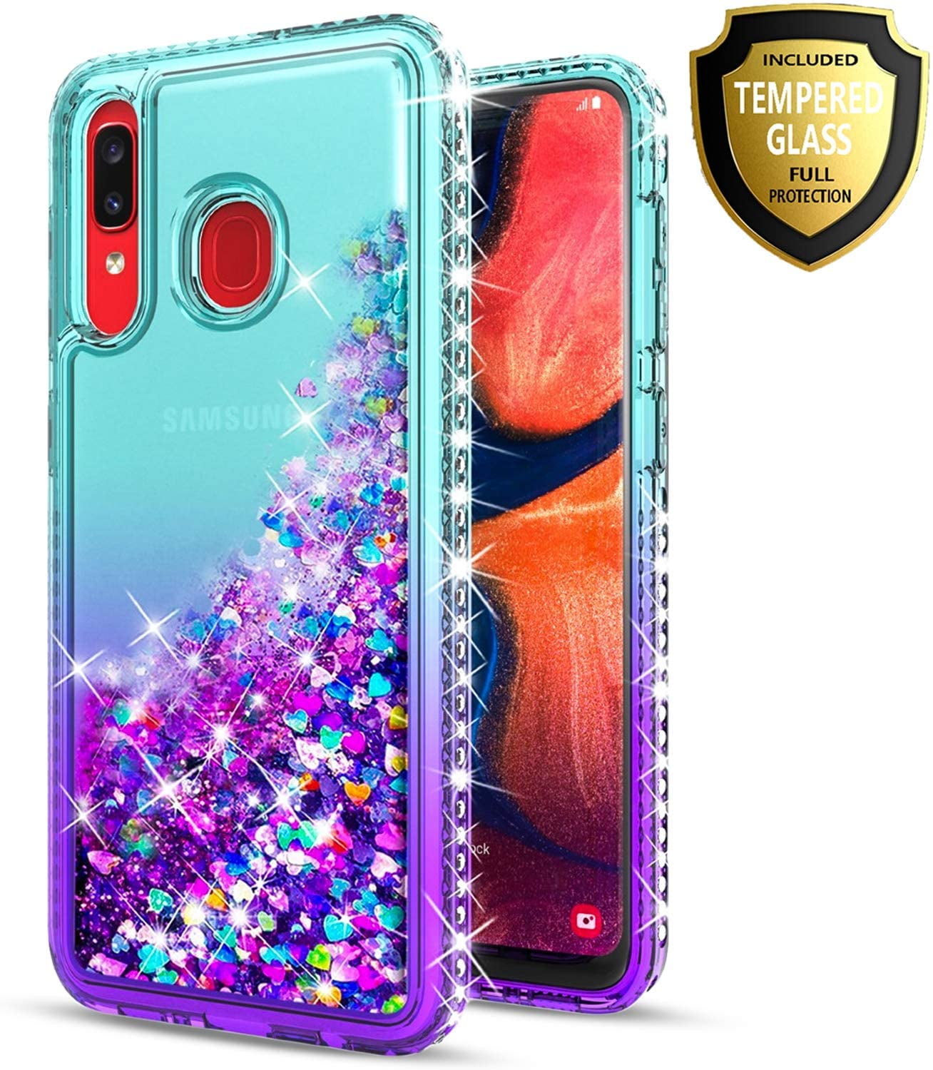 Starshop Samsung Galaxy A20 Phone Case, Tempered Glass Protector, Liquid Glitter Quicksand Bling ...