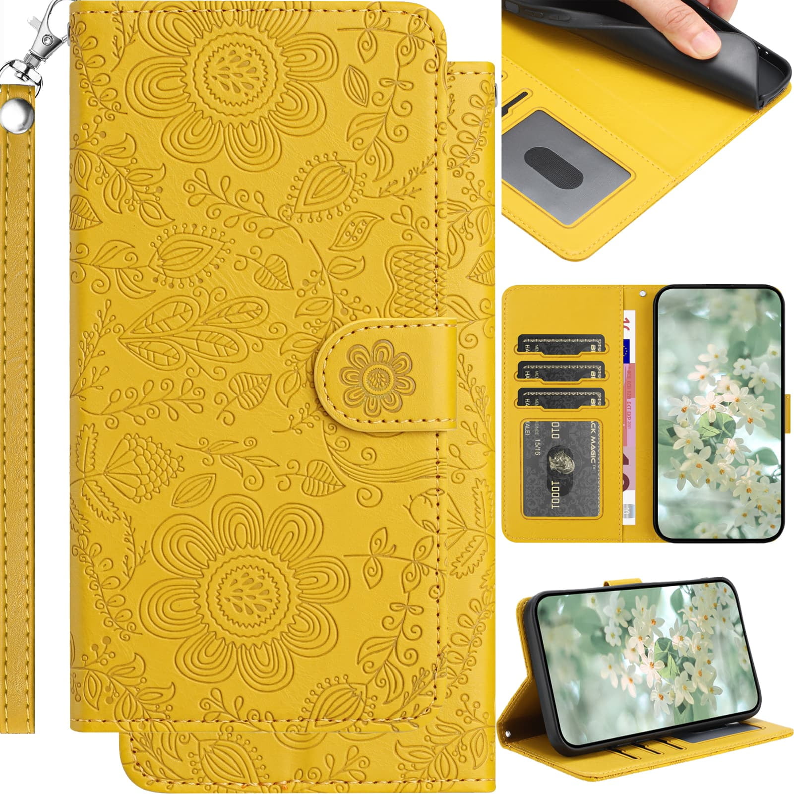 for Samsung Galaxy A22 (5G) Leather Phone Case, Embossed Cartoon Flower ...