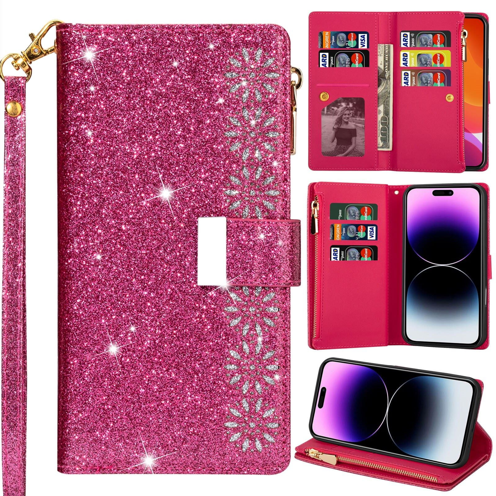 for Samsung Galaxy A23/ A23 5G Bling Phone Case Wallet, Hollowed Out Flower Sparkly Shiny Smooth ...