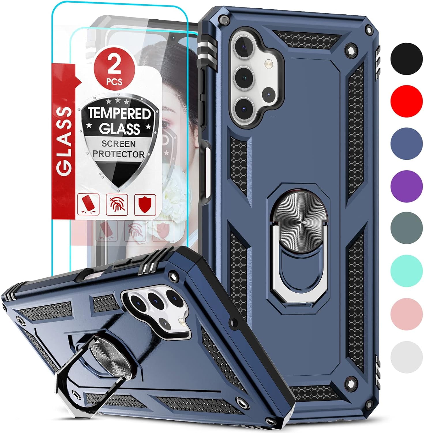 Samsung Galaxy A32 5G Ring Holder Case with Screen Protectors, Blue, 2 ...