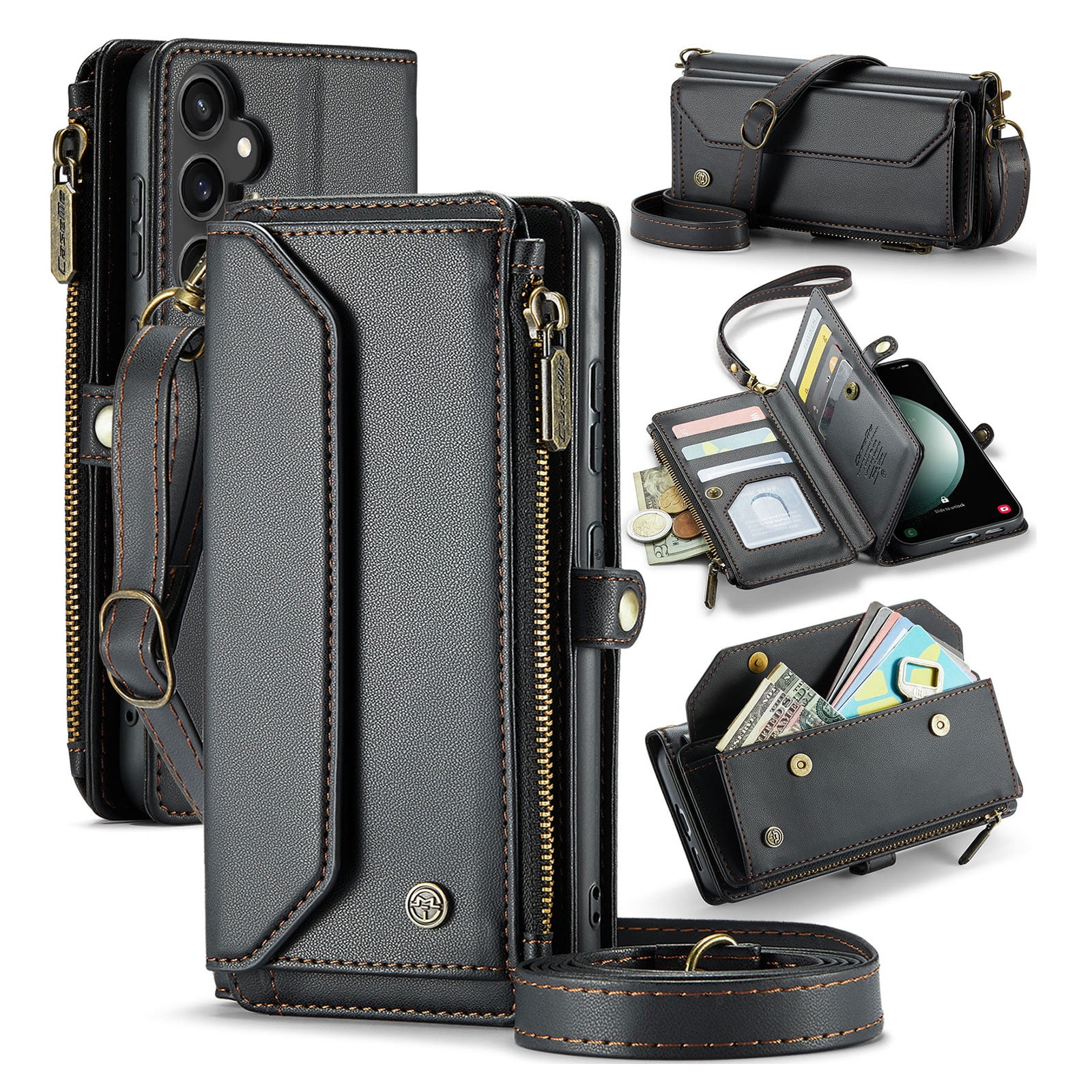 for Samsung Galaxy A34 5G Rugged Case, Classic PU Leather Shoulder ...