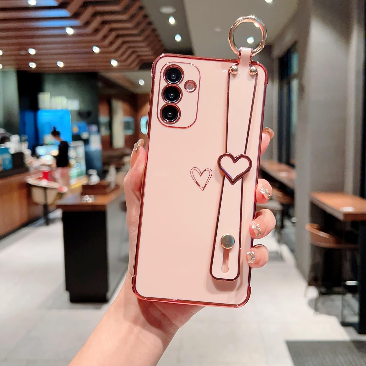 for Samsung Galaxy A55 5G Case with Wrist Strap,Luxury Cute Plating Edge Love Hearts Pattern for ...