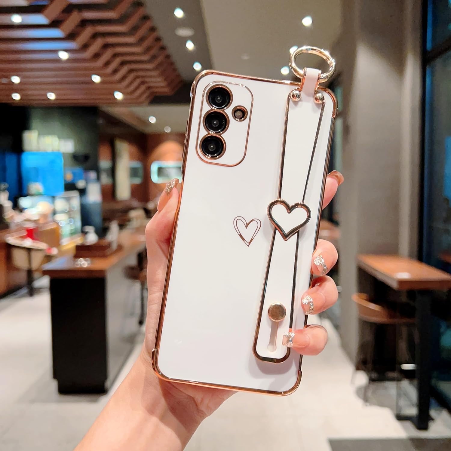 for Samsung Galaxy A55 5G Case with Wrist Strap,Luxury Cute Plating Edge Love Hearts Pattern for ...
