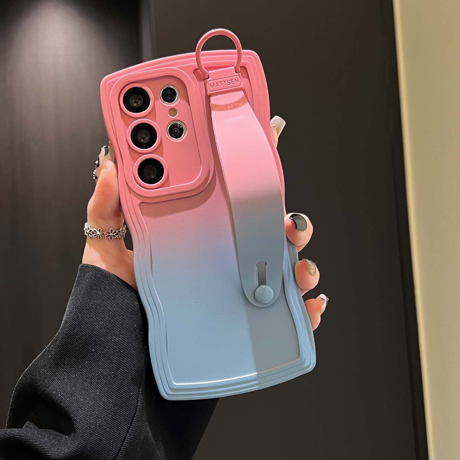 for Samsung Galaxy A55 Case with Adjustable Wrist Strap Stand, Cute Wavy Curly Gradient Color ...