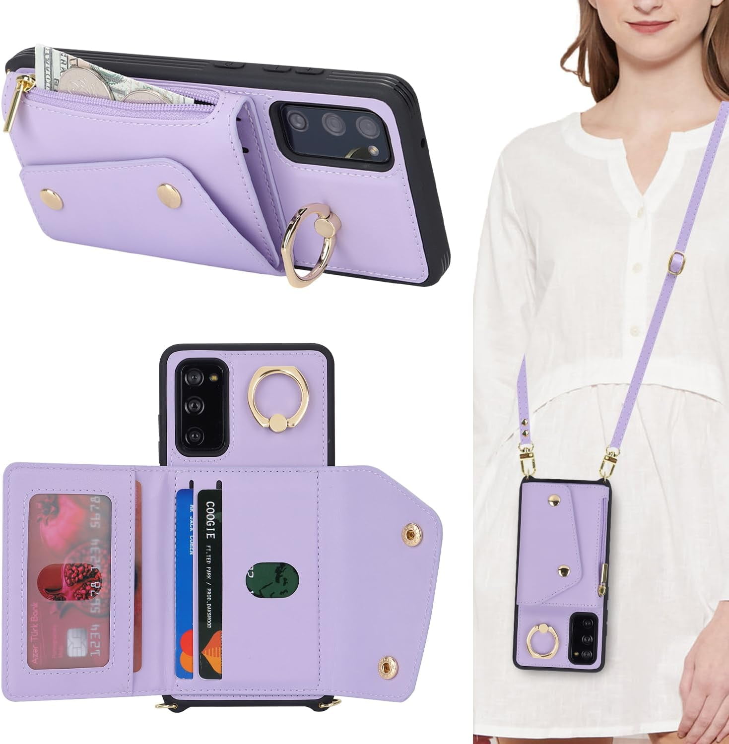 for Samsung Galaxy S20 FE Case with Card Holder and Strap - Zipper Pocket,Crossbody Lanyard ...