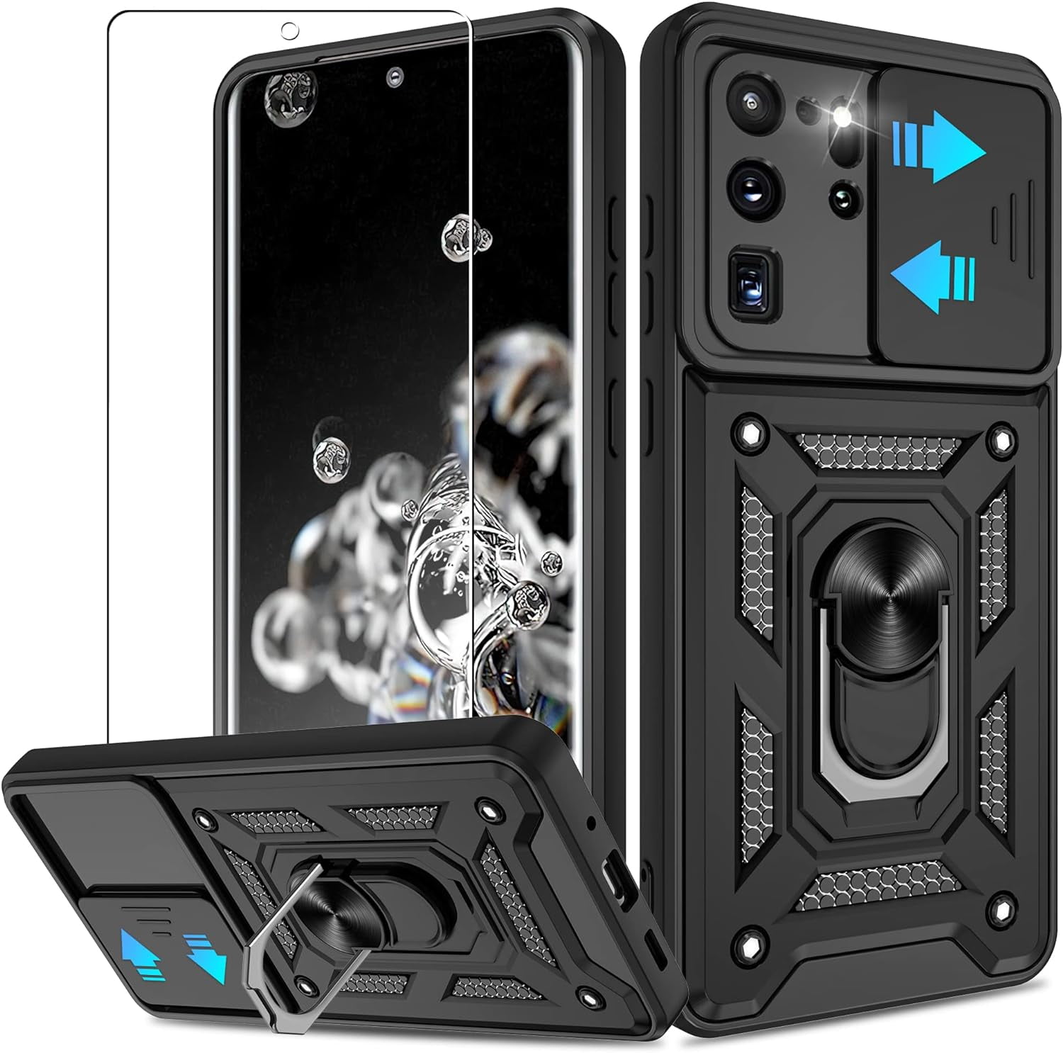 for Samsung Galaxy S20 Ultra Case with HD Screen Protector, Heavy Duty with 360° Rotation Metal ...