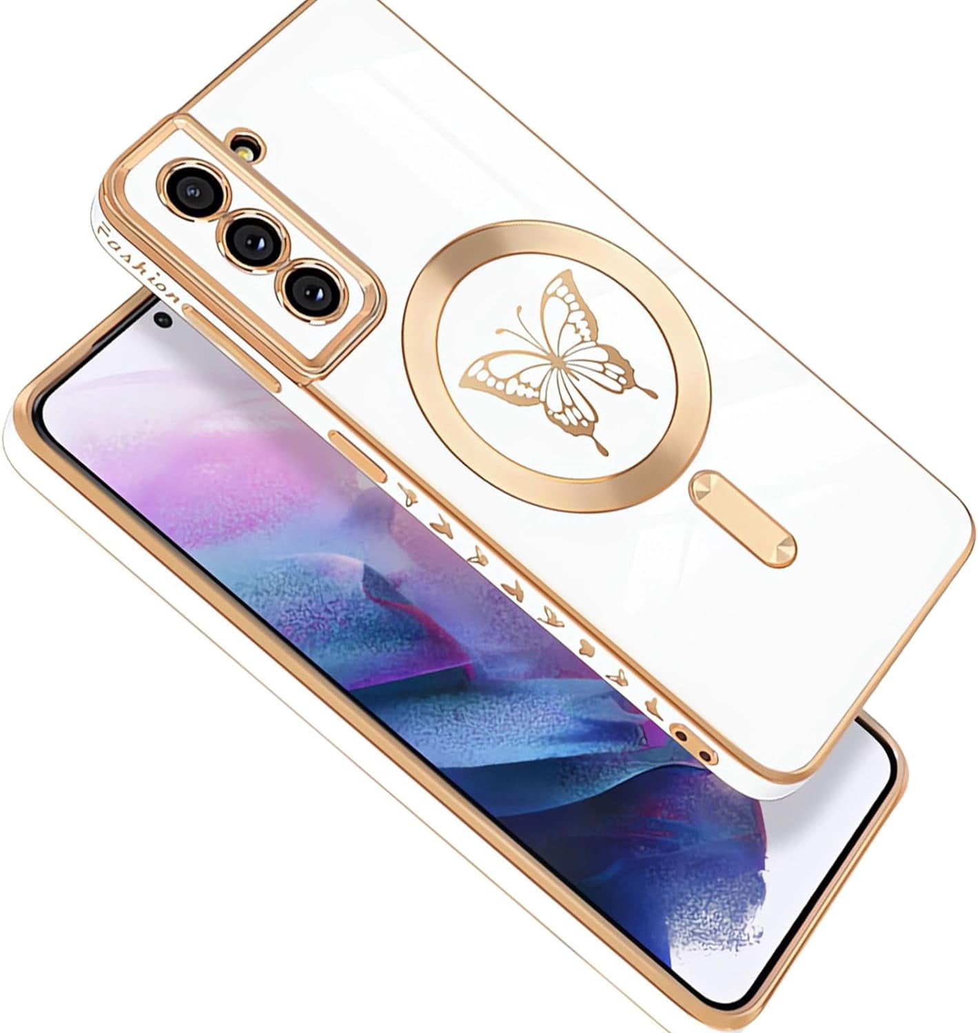 for Samsung Galaxy S21 5G Phone Case Luxury Plating Cute Butterfly Small Pattern Case [Strong ...